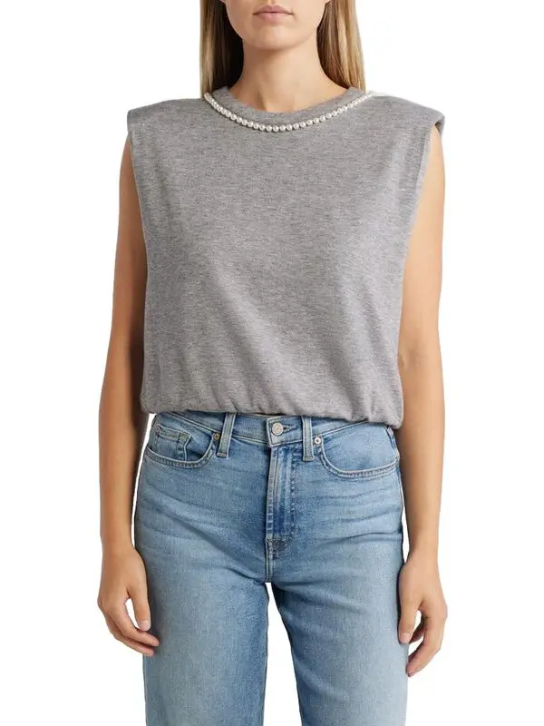 Wit & Wisdom Faux Pearl Trim Top - Heather Grey