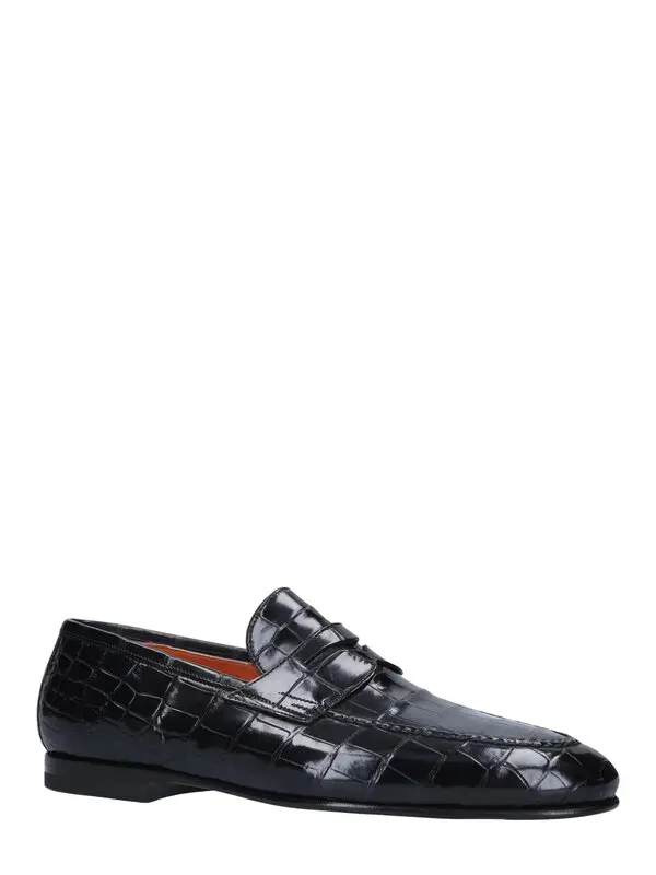 Santoni Crocodile Penny Loafers - Black