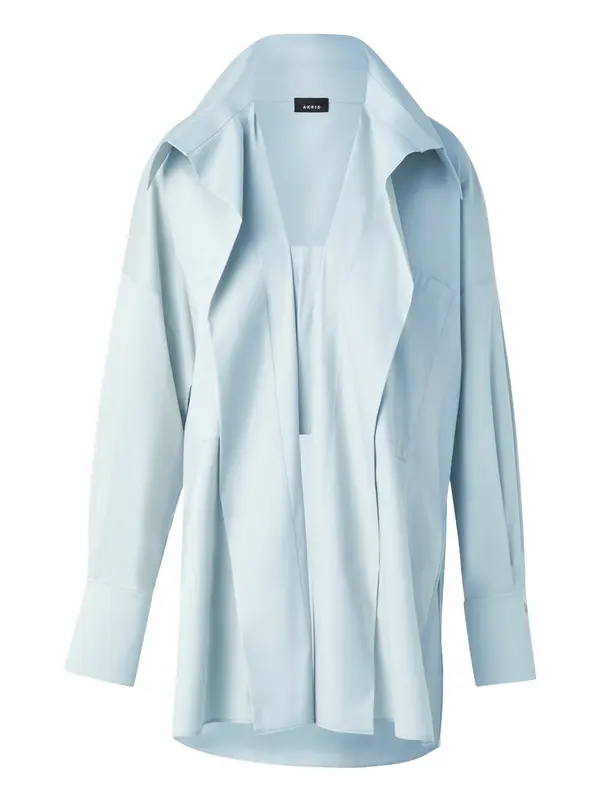 Akris Ruffle Cotton Poplin Tunic Blouse - Stone Blue