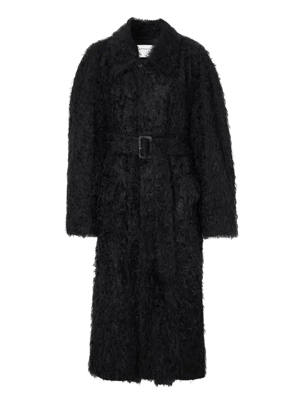 Carven Belted Faux Shearling Longline Coat - Black