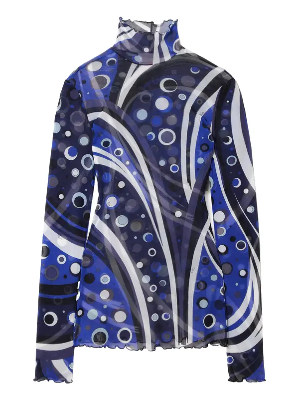 Emilio Pucci Printed Tulle Turtleneck Top - Blue