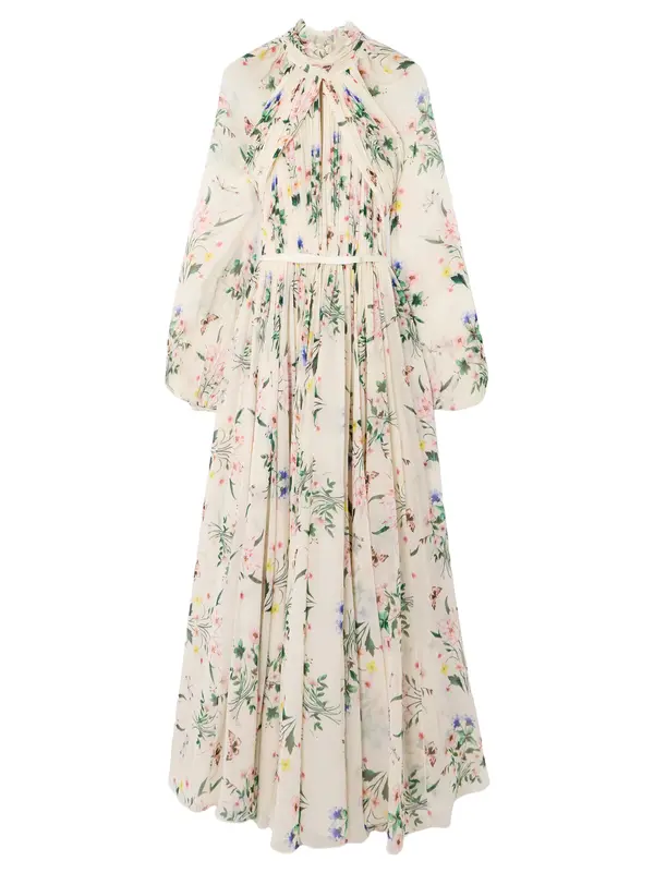 Giambattista Valli Belted Cutout Pleated Floral-print Silk-georgette Gown - Cream