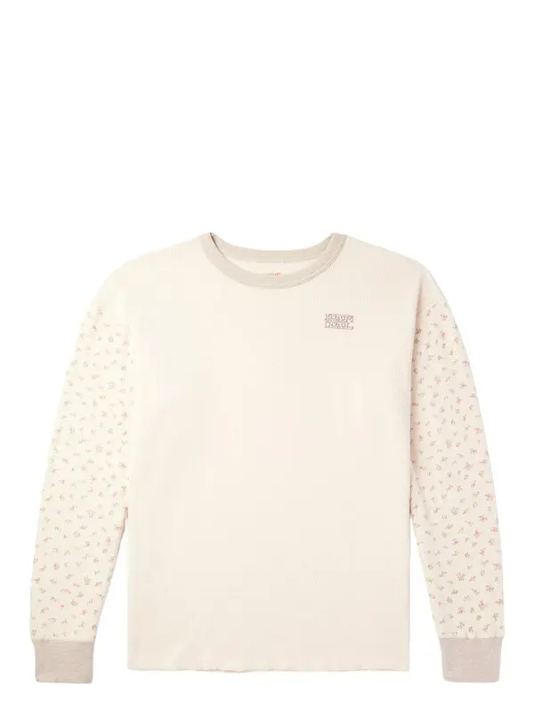 Kapital Logo-embroidered Printed Waffle-knit Cotton-jersey T-shirt - Neutrals