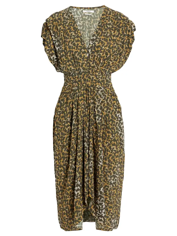 MARANT ETOILE Almeya Pleated Printed Crepe Midi Dress - Mustard