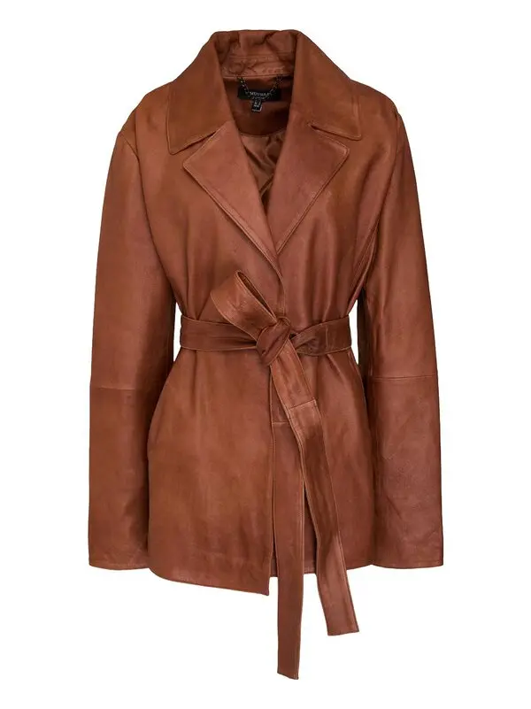 MUUBAA Belted Brushed-leather Blazer Jacket - Brown