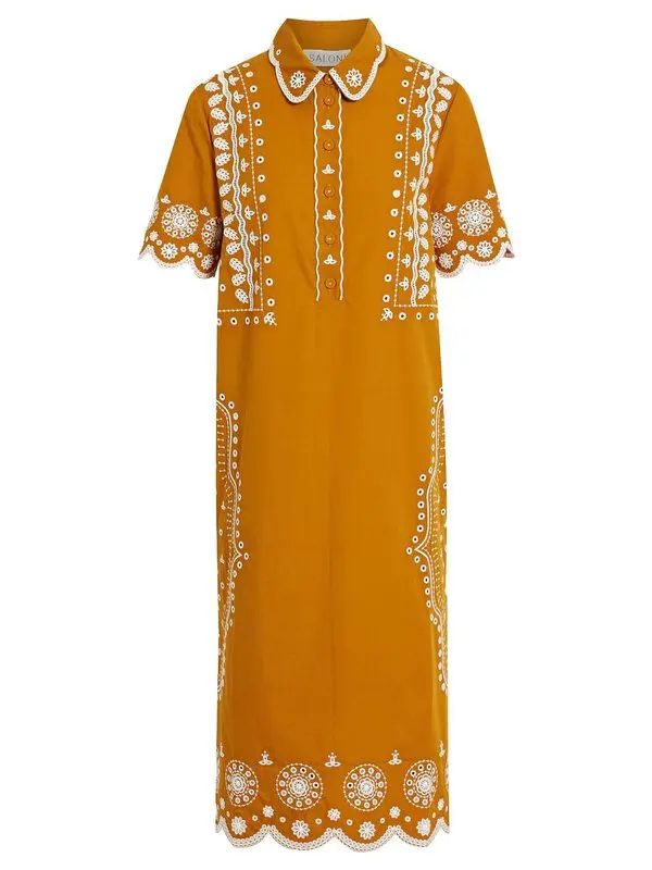 Saloni Dree Broderie Anglaise Midi Shirt Dress - Marigold
