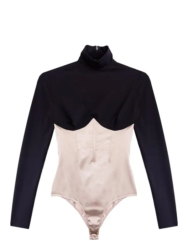 Fleur Du Mal Mock Neck Long Sleeve Bodysuit - Black Bone