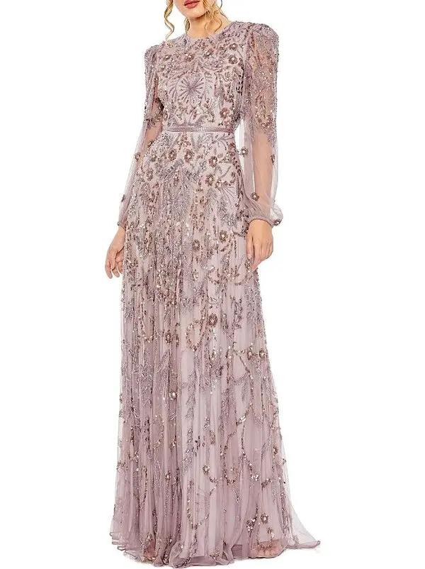 Mac Duggal Embellished A-line Gown With Puff Sleeves - Heather