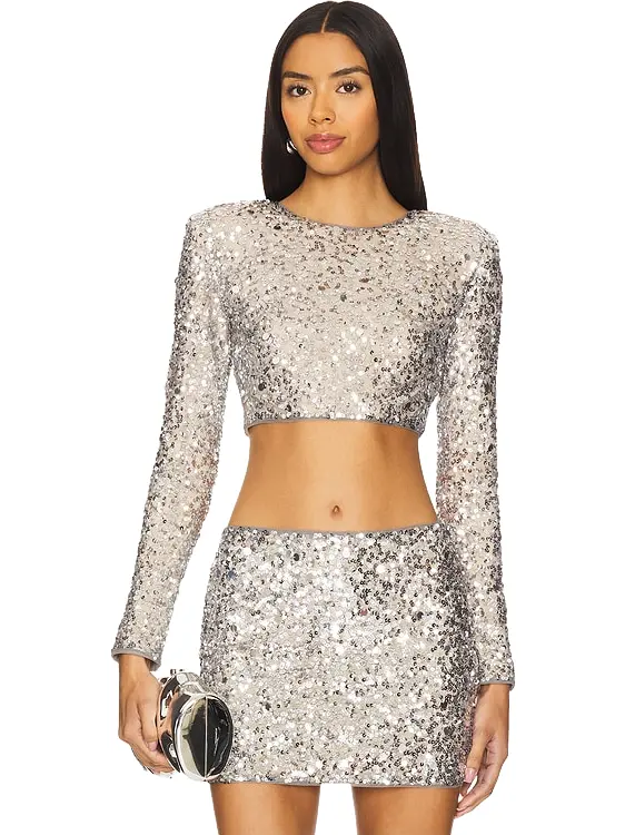 LOVERS AND FRIENDS Sequin Cropped Top - Disco Silver