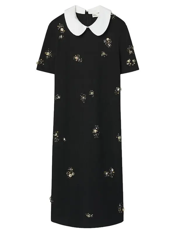 Tory Burch Embellished Sweater Dress With Poplin Collar - Black
