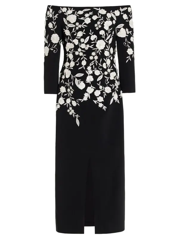 Carolina Herrera Embroidered Off-the-shoulder Cady Sheath Dress - Black