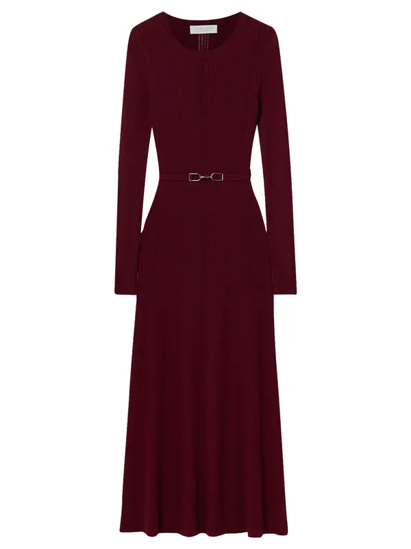 Gabriela Hearst Imagene Belted Ribbed Pointelle-knit Wool Midi Dress - Burgundy