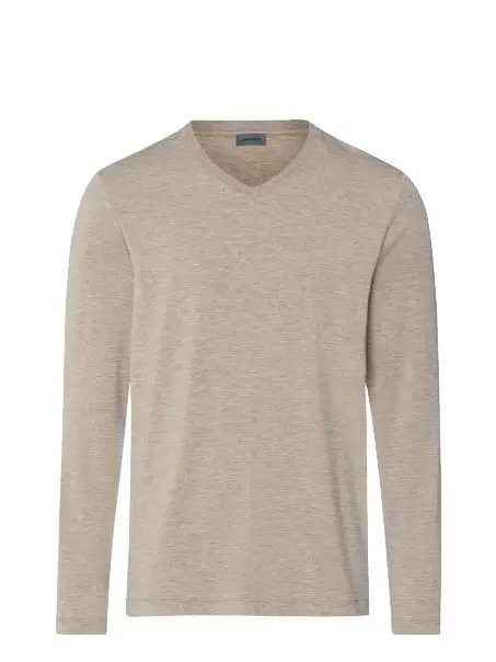 Hanro Long Sleeve V-neck Top - Hazelnut Melange