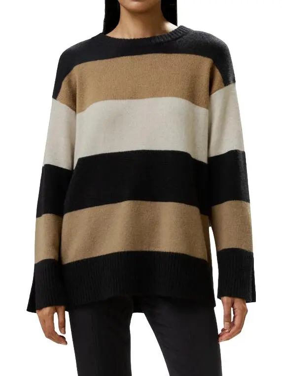 Lilysilk Cashmere Sweater With Block Stripes And Slit Cuffs - Black&camel&beige