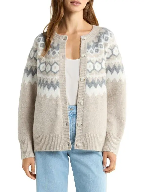 FAVORITE DAUGHTER The Snowed In Fair Isle Merino Wool & Cashmere Blend Cardigan - Shortbread Beige