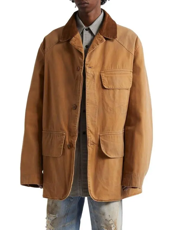MAISON MARGIELA Corduroy Collar Waxed Cotton Canvas Coat - Ochre