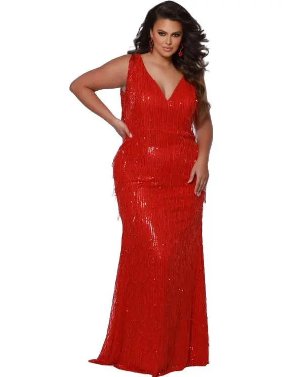 SYDNEY'S CLOSET V-neck Sequin Fringe Gown - Cherry