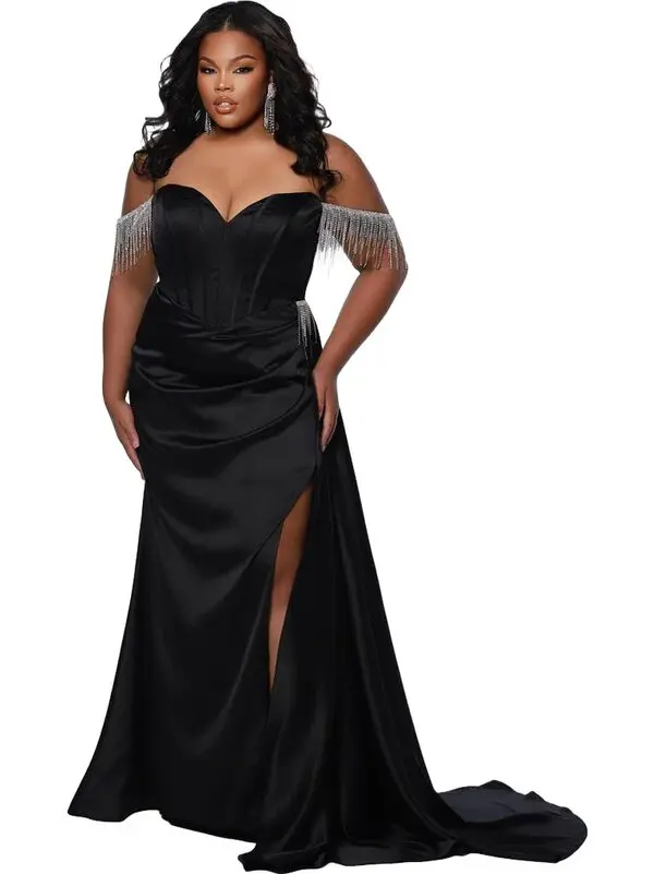 SYDNEY'S CLOSET Fringe Corset Satin Gown - Onyx