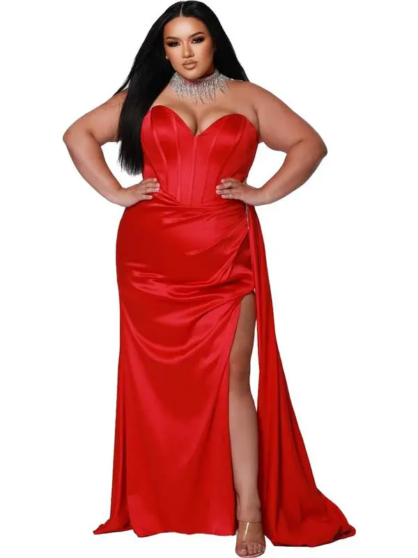 SYDNEY'S CLOSET Fringe Corset Satin Gown - Scarlet