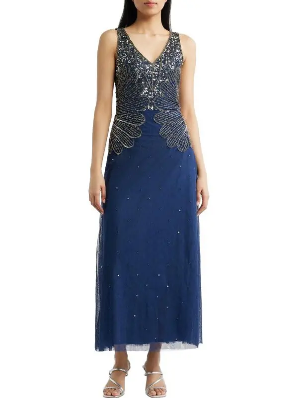 Pisarro Nights Beaded Sleeveless Chiffon Dress - Denim