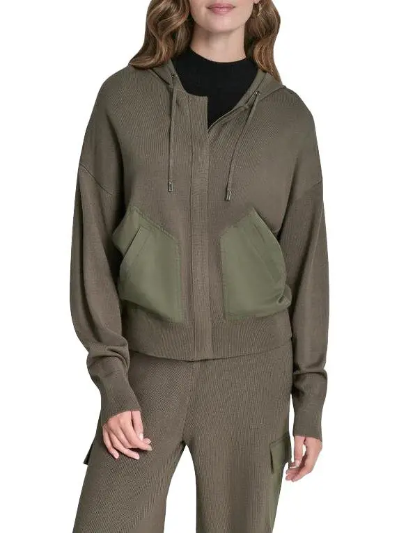 Dkny Mixed Media Drawstring Hoodie - City Taupe