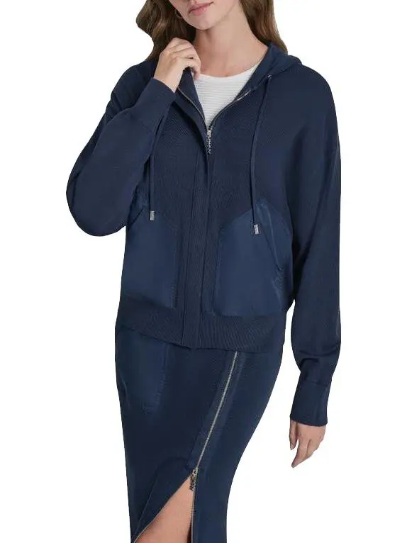 Dkny Mixed Media Drawstring Hoodie - Hudson Blue