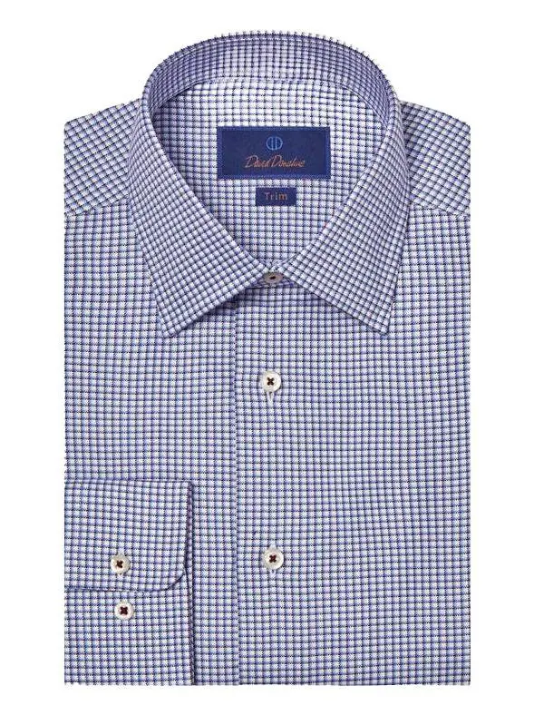 David Donahue Trim Fit Shadow Check Cotton Dress Shirt - Merlot/ Sky