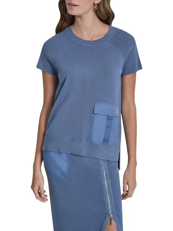 Dkny Satin Pocket Short Sleeve Sweater - Liberty Sky