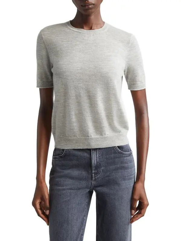 Lafayette 148 New York Short Sleeve Cashmere Crewneck Sweater - Grey Heather