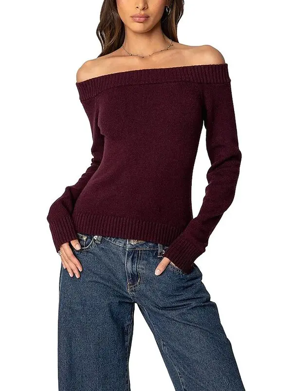 EDIKTED Elona Off Shoulder Knit Top - Burgundy