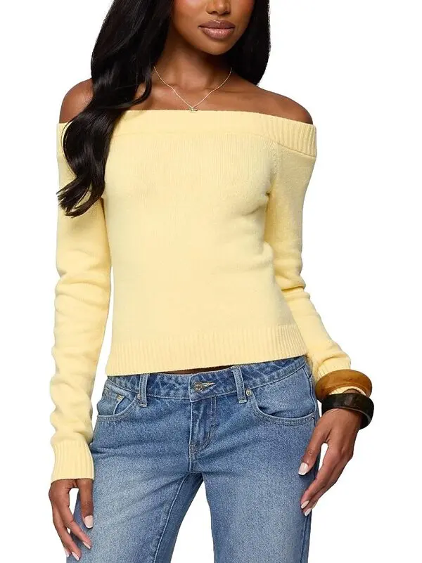 EDIKTED Elona Off Shoulder Knit Top - Yellow
