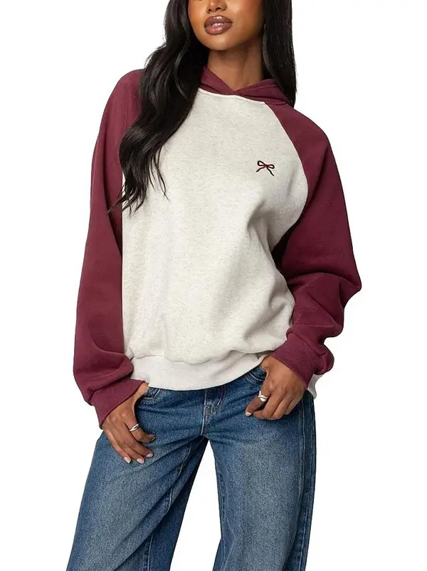 EDIKTED Raglan Bow Oversized Hoodie - Burgundy-and-gray-melange