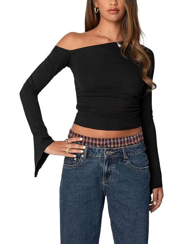 EDIKTED Stacie Asymmetric Long Sleeve Top - Black