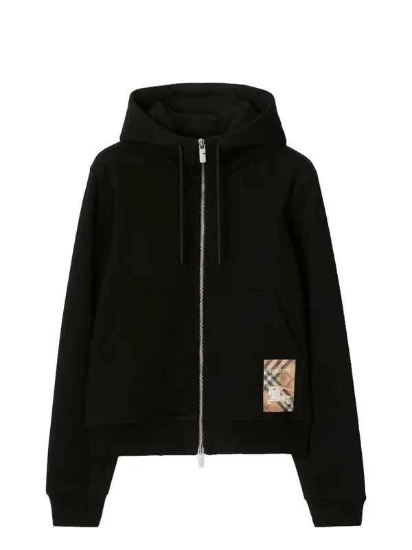 Burberry Check Label Cotton Zip Hoodie - Black