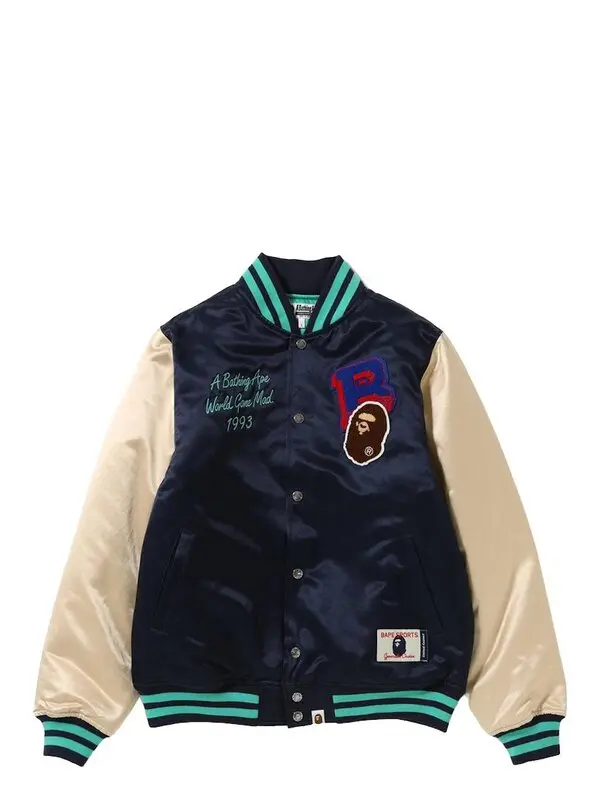 A BATHING APE Emblem Satin Varsity Jacket - Navy Blue