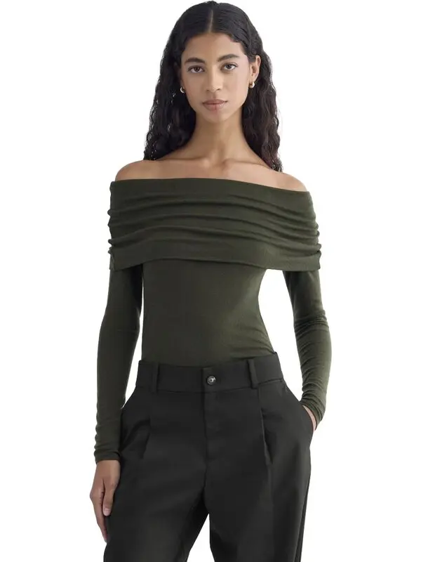Everlane Butterluxe Wool Off-the-shoulder Top - Dark Green