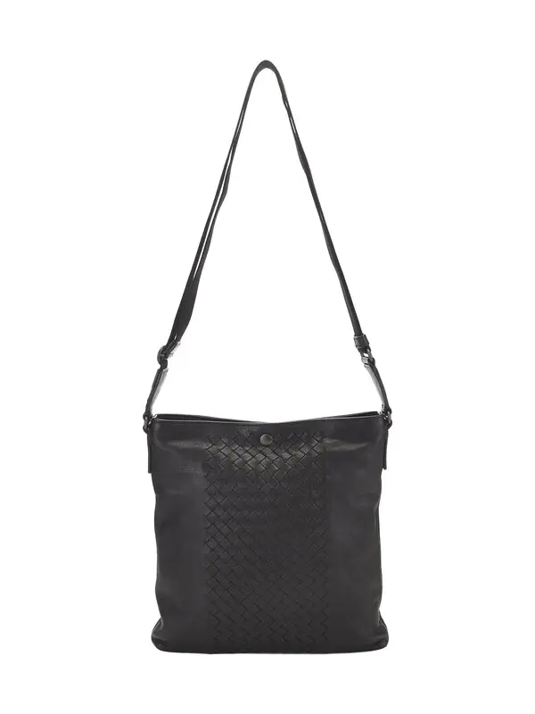 Bottega Veneta Intrecciato Leather Flat Messenger Bag - Black