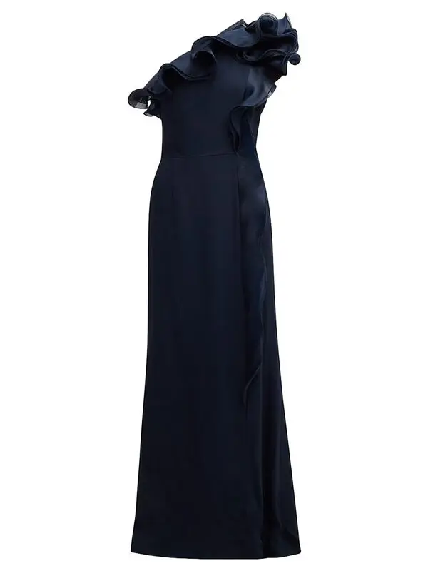 Rickie Freeman For Teri Jon One-shoulder Ruffle Gown - Navy