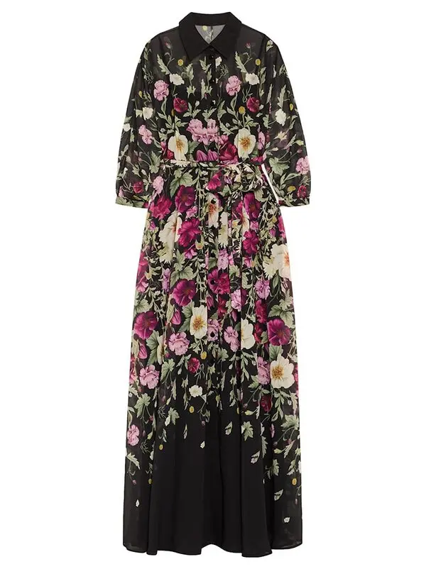 Rickie Freeman For Teri Jon Floral-print Chiffon Shirt Gown - Black Mult
