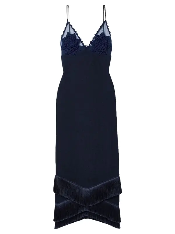 PatBO Crochet And Tulle Trimmed Fringed Stretch-ponte Maxi Dress - Navy