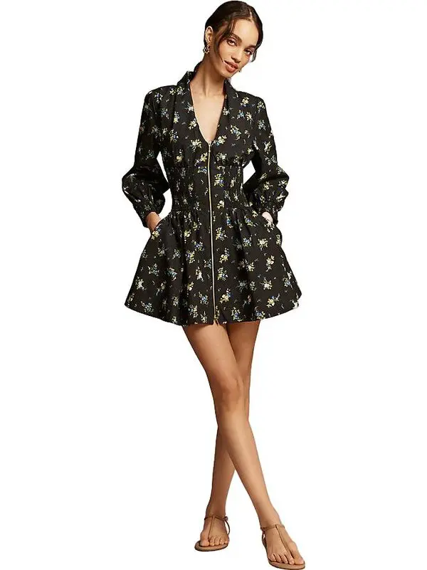 Anthropologie Tommie Long-sleeve Zip-front Mini Shirt Dress - Black Floral