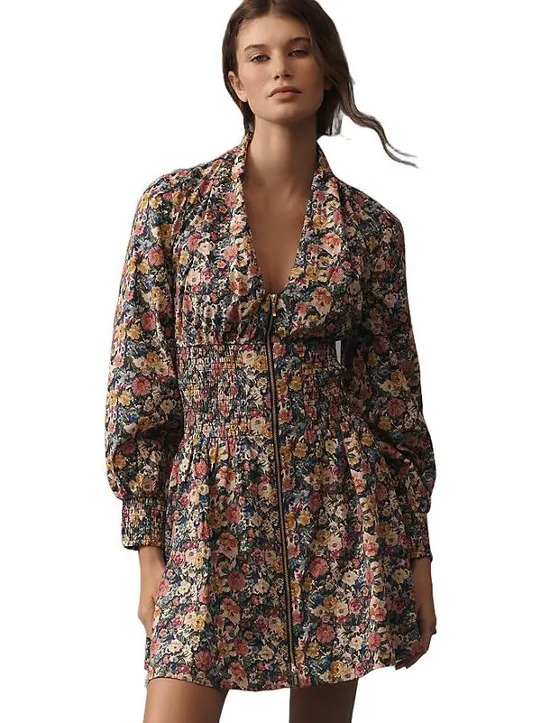 Anthropologie Mini Shirt Dress With Zip Front - Blue Floral
