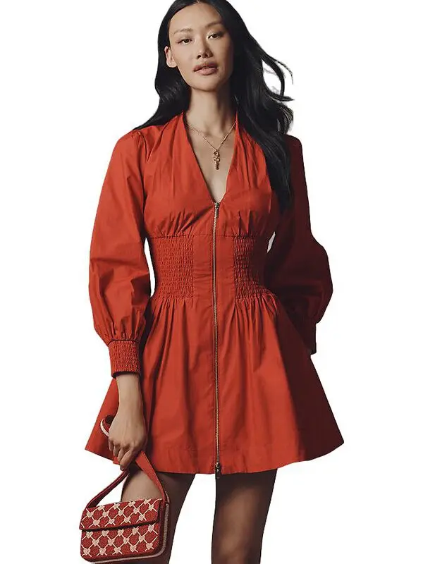 Anthropologie Tommie Long-sleeve Smocked Front-zip Mini Shirt Dress - True Red