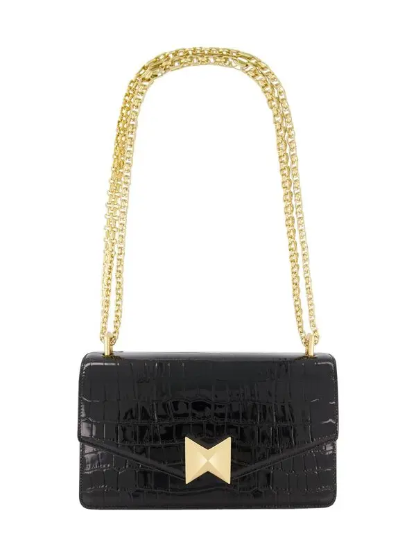 Mac Duggal Crocodile Embossed Leather Shoulder Bag With Gold Chain - Black