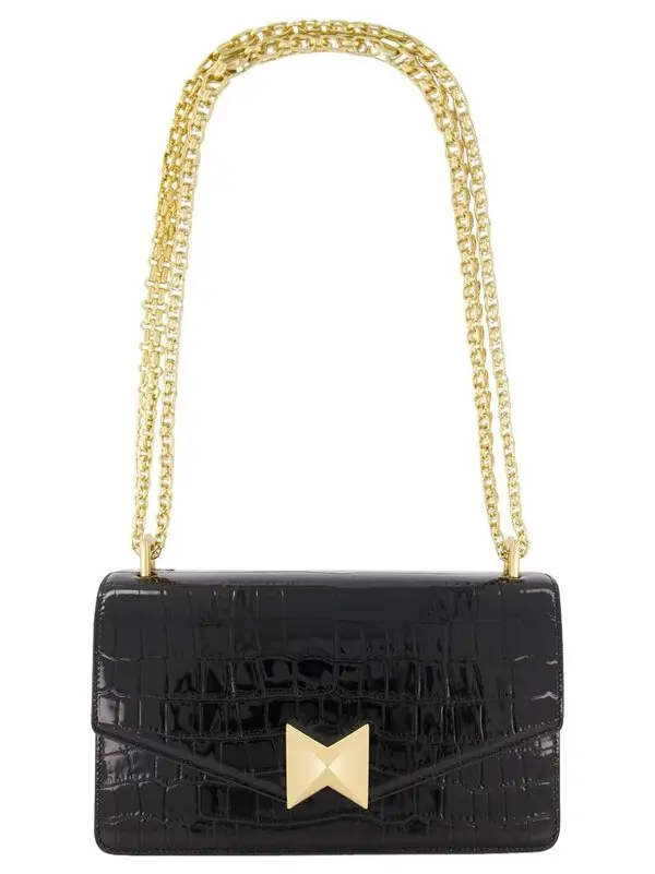 Mac Duggal Crocodile Embossed Leather Shoulder Bag With Gold Chain - Black