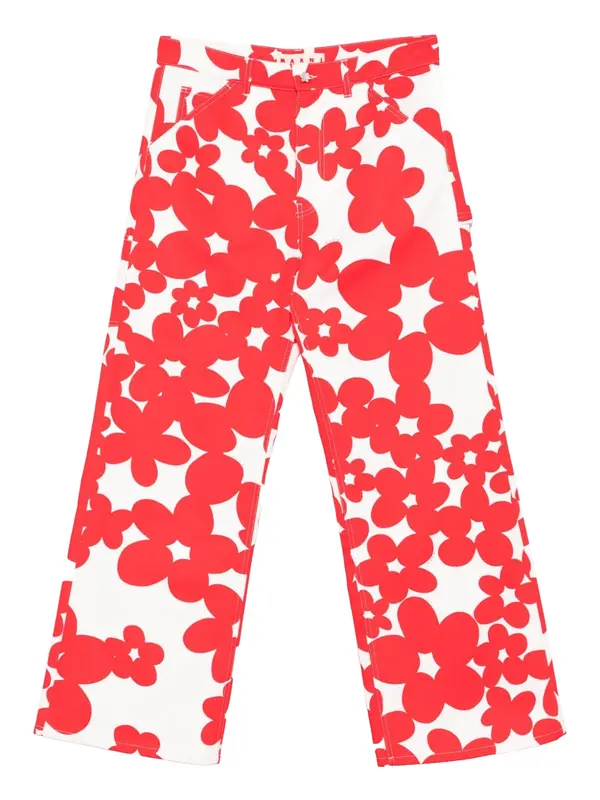 Marni Floral-print Gabardine Trousers - Red