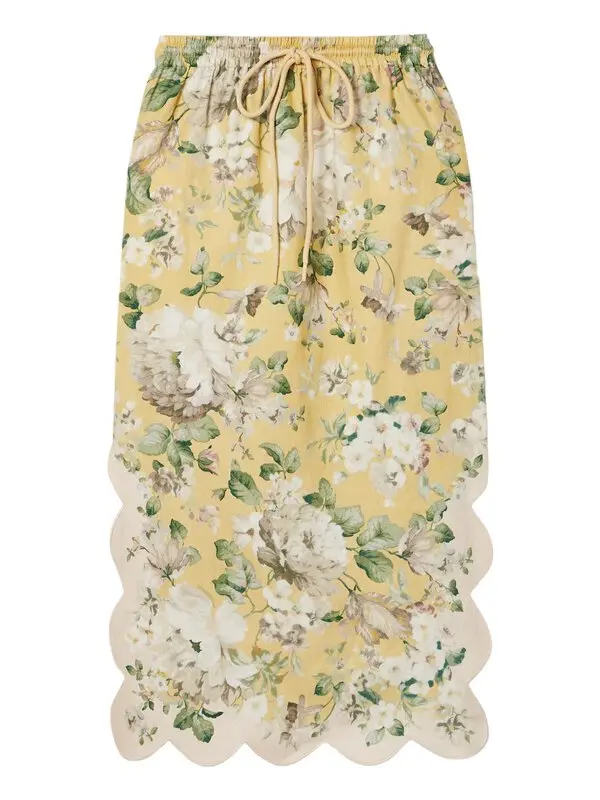 Zimmermann Acacia Floral-print Linen Midi Skirt - Yellow