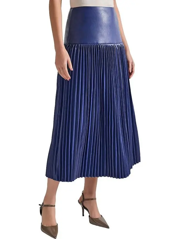 Misook Faux Leather Pleated Midi Skirt - Starry Night Blue