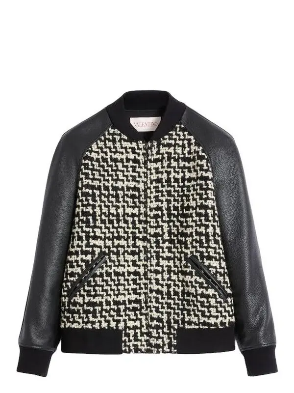 Valentino Garavani Wool Tweed Bomber Jacket With Chez Patch - Ivory/black