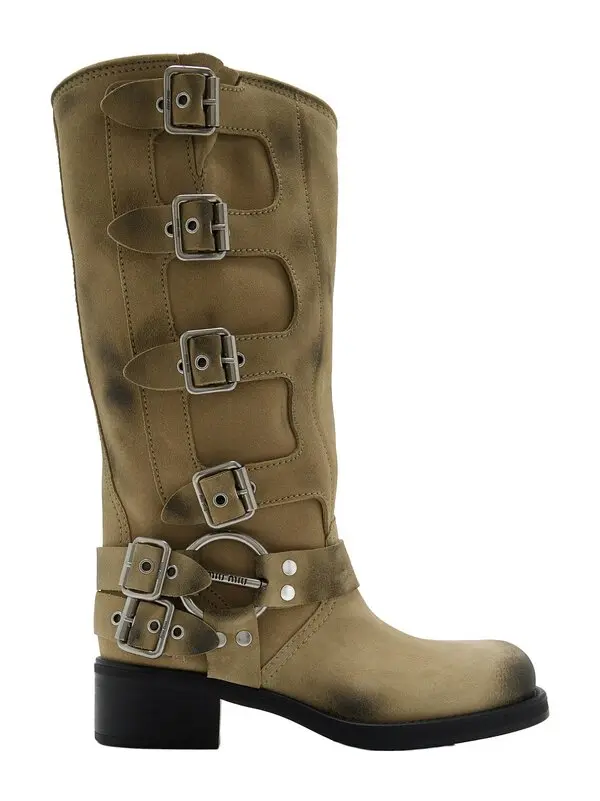 Miu Miu Buckled Leather Mid-calf Boots - Tan